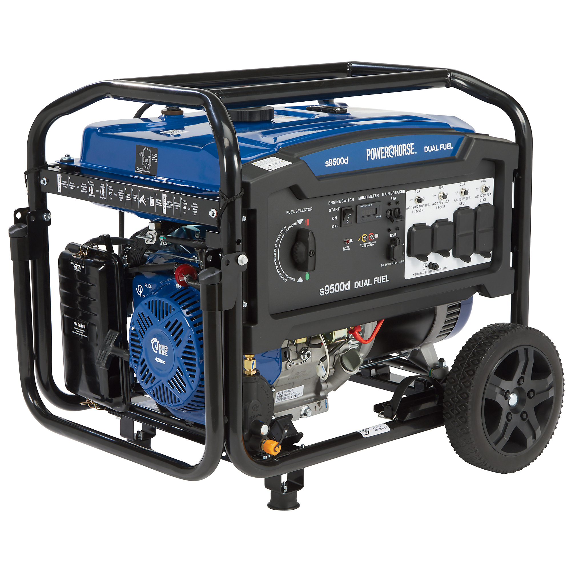 Powerhorse Portable Generator, 9500 Surge Watts, 7500 Rated Watts, 120/240V, Dual-Fuel, Electric ...